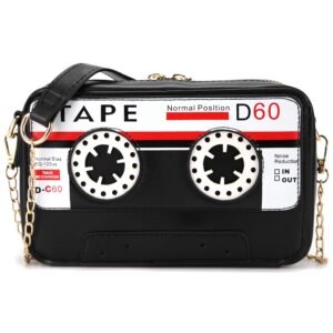 qiming retro tape shaped evening purse,pu audio cassette crossbody handbag for women(black3)