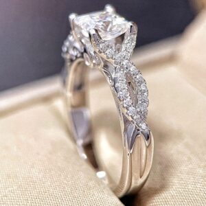 ZLAEBL 1.6 Carat (ctw) Vintage Love Engagement Rings for Women Split Shank Platinum Plated 925 Sterling Silver Moissanite Promise Rings for Her Princess Cut Simulated Ring Gifts,7