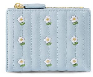 kuifang girls cute flowers print wallet, small tri-folded aesthetic wallet, pu leather purse cash pocket card holder id window purse for women(blue)