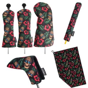 vixyn golf headcover accessories set - golf headcover, blade putter cover, golf towel, and alignment stick cover (pineapple skull)