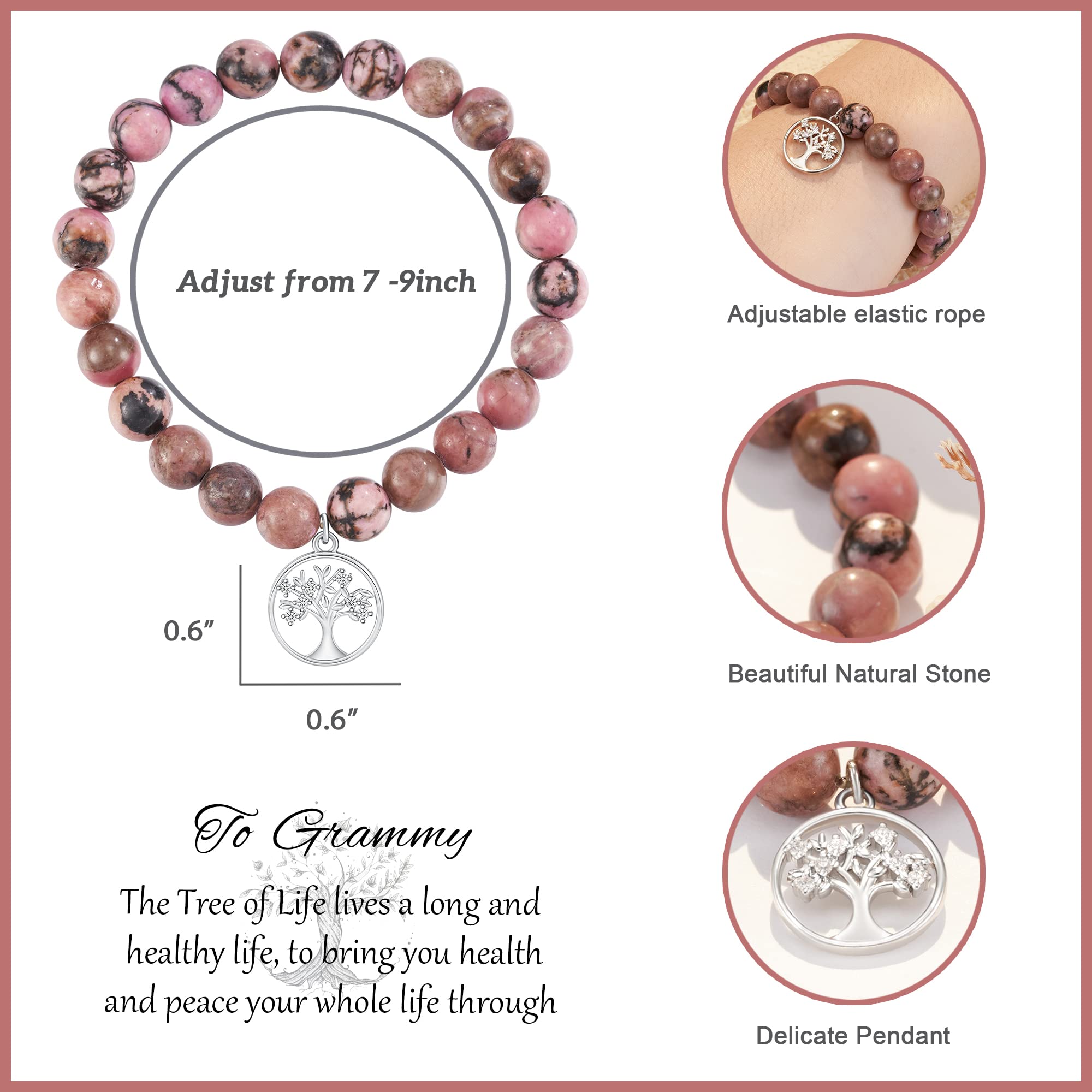 LAVEIR Redbean Tree of Life Bracelet, Grammy Style, for Grandma, Birthday, Mothers Day Gifts from Granddaughter Grandson