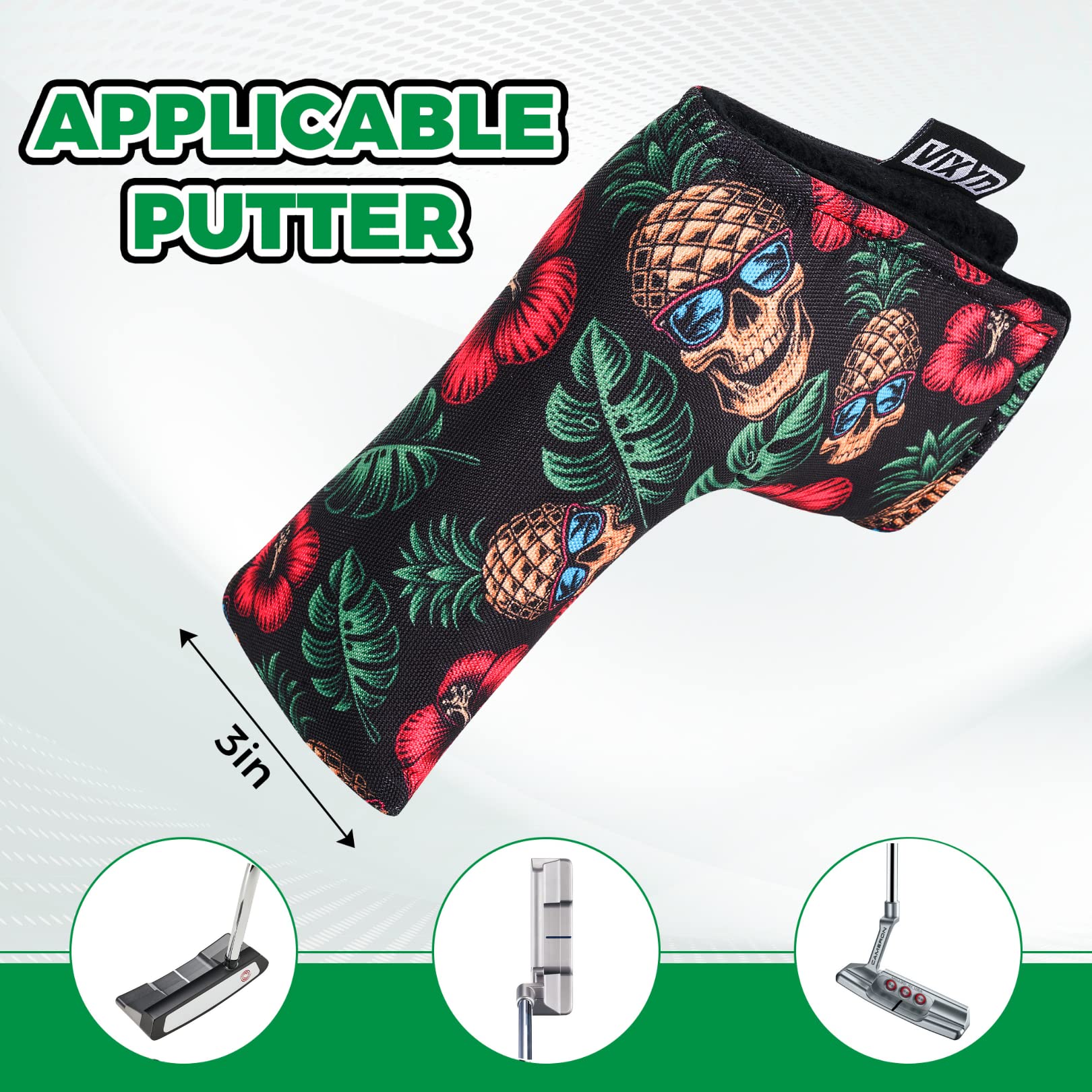 VIXYN Golf Headcover Accessories Set - Golf Headcover, Blade Putter Cover, Golf Towel, and Alignment Stick Cover (Pineapple Skull)