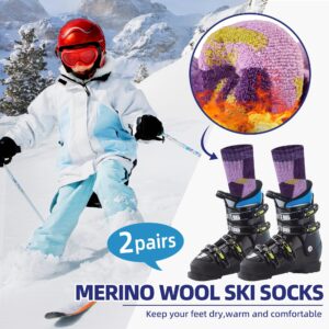 Kids Ski Socks Merino Wool Winter Warm Thermal Hiking Snowboarding Knee High Heavy Boot Socks for Toddler Boys Girls 2 Pairs(Pink/Purple, 8-12 Years)