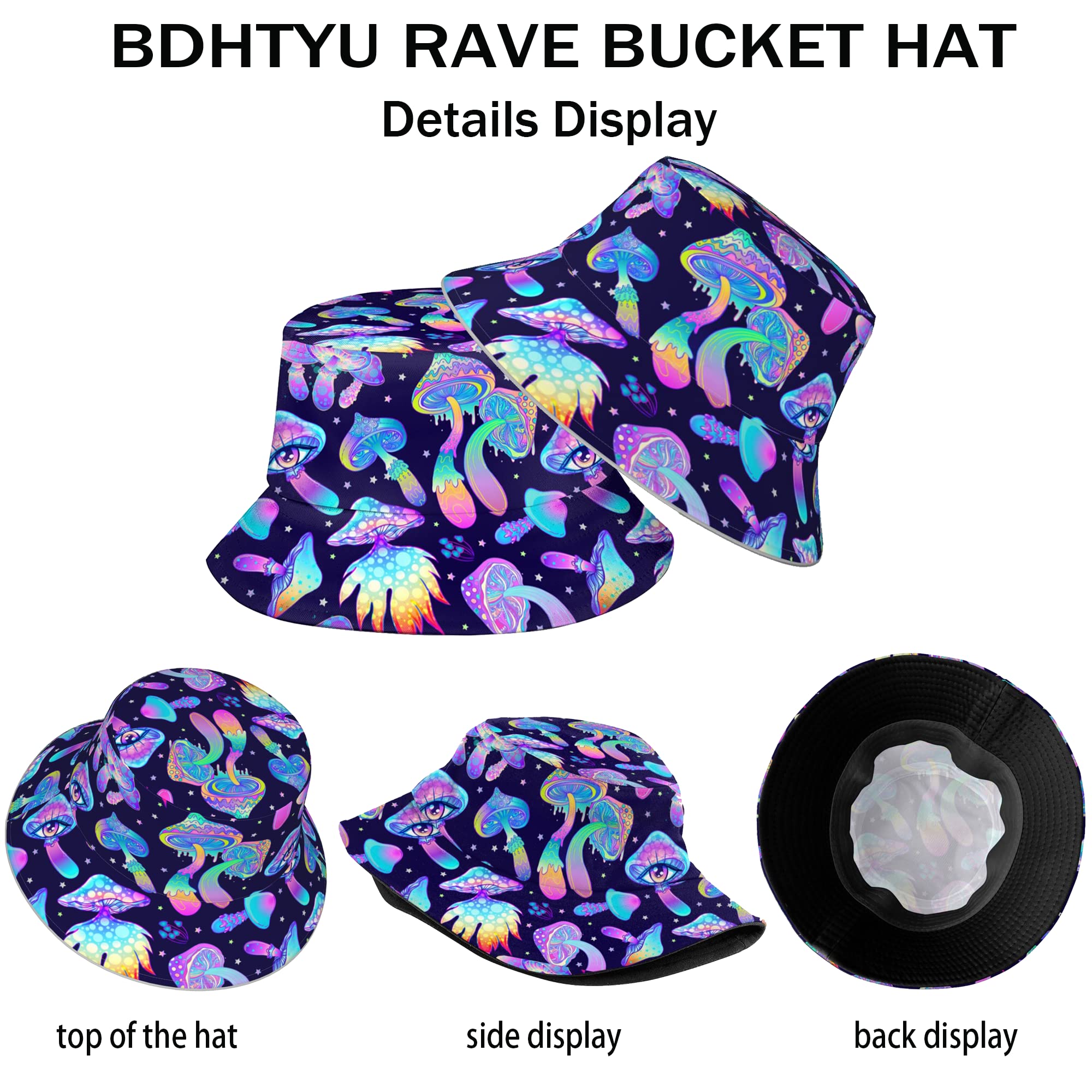 Mushroom Bucket Hats for Women Men Rave Festival Trippy Outfits Accessories for Women Summer Beach Sun Hat Packable Fisherman Cap Mushroom Gifts