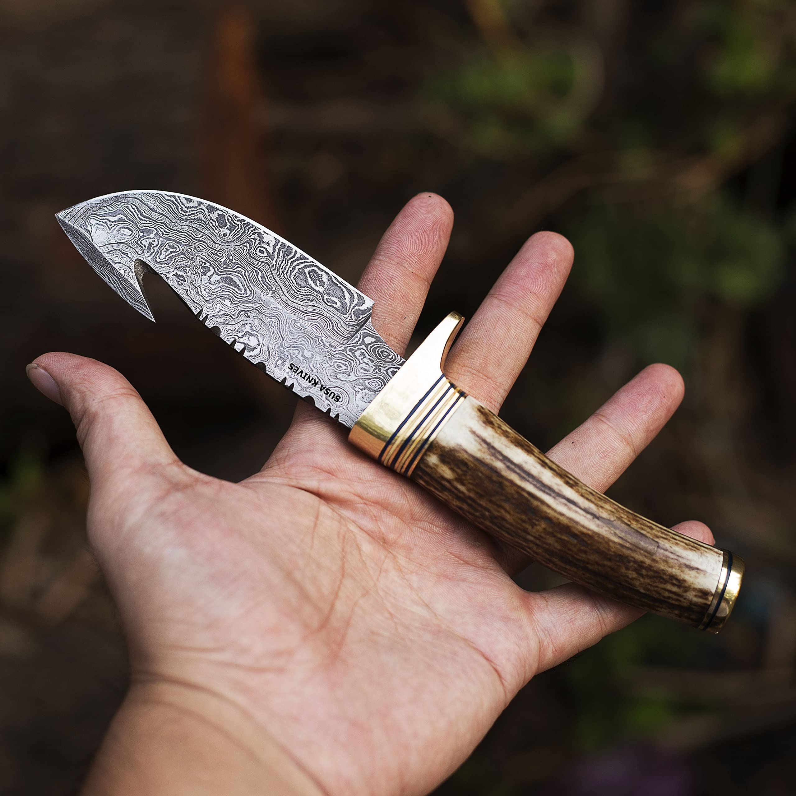 SUSA KNIVES Damascus Steel Gut Hook Hunting Knife Fixed Blade STAG Horn Handle EDC Survival Knife for Men - Fixed Blade