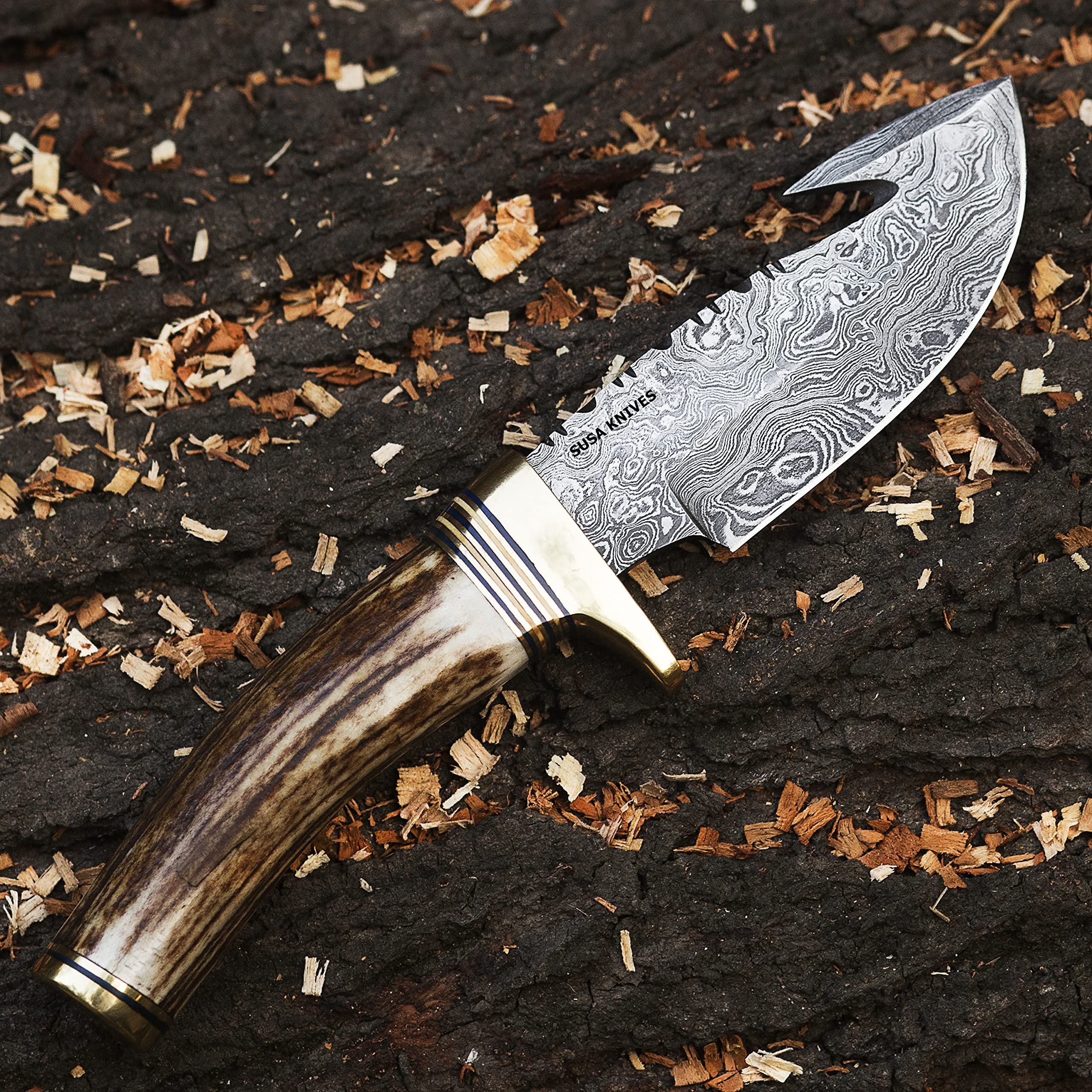 SUSA KNIVES Damascus Steel Gut Hook Hunting Knife Fixed Blade STAG Horn Handle EDC Survival Knife for Men - Fixed Blade