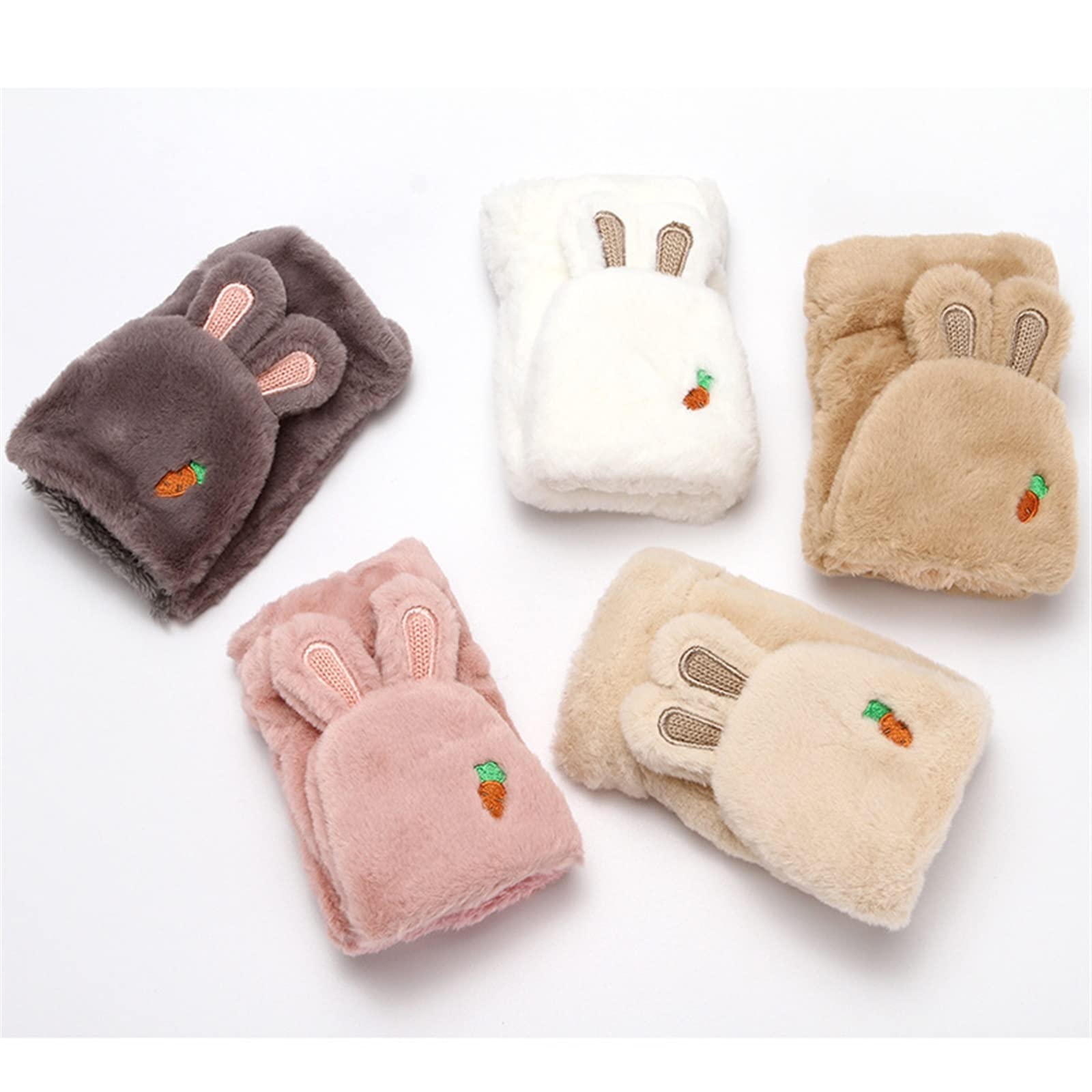 Woman Winter Warm Gloves Girls Cute Bear Rabbit Ears Convertible Flip Top Fingerless Thick Mittens for Teen Student (Color : Bear Khaki, Gloves Size : One Size)