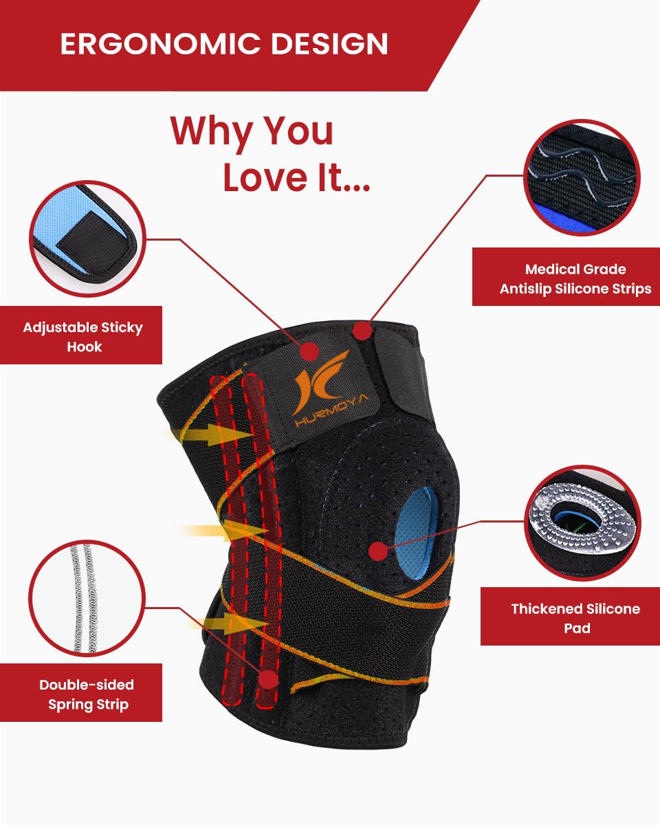 Hurmoya Knee Brace for Knee Pain, 2 Adjustable Straps Compression Support with Patella Gel Pad & 4 Side Stabilizers, Medical for Arthritis, Meniscus Tear, Injury Recovery, Pain Relief, ACL, MCL, Sports, Running, Weightlifting, Plus Size for Men and Women