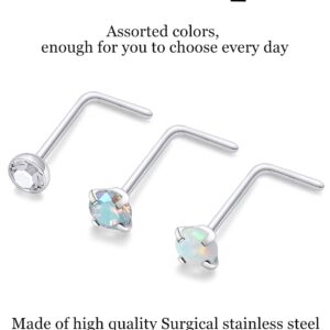 Leiainely 22g 22 g Gauge Thin Nose Rings Studs Piercings Aretes Para La Nariz for Women Men 2mm Gems L Shape Shaped Nostril Jewelry Hypoallergenic Surgical Stainless Silver Steel