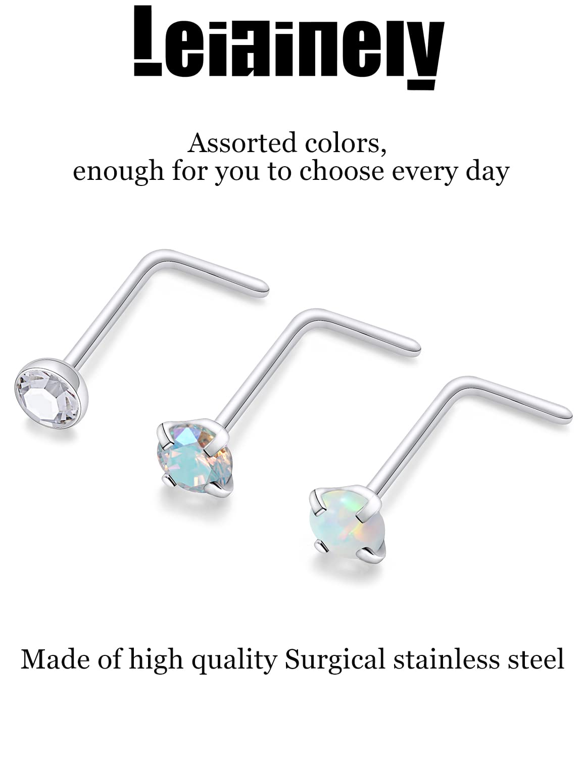 Leiainely 22g 22 g Gauge Thin Nose Rings Studs Piercings Aretes Para La Nariz for Women Men 2mm Gems L Shape Shaped Nostril Jewelry Hypoallergenic Surgical Stainless Silver Steel