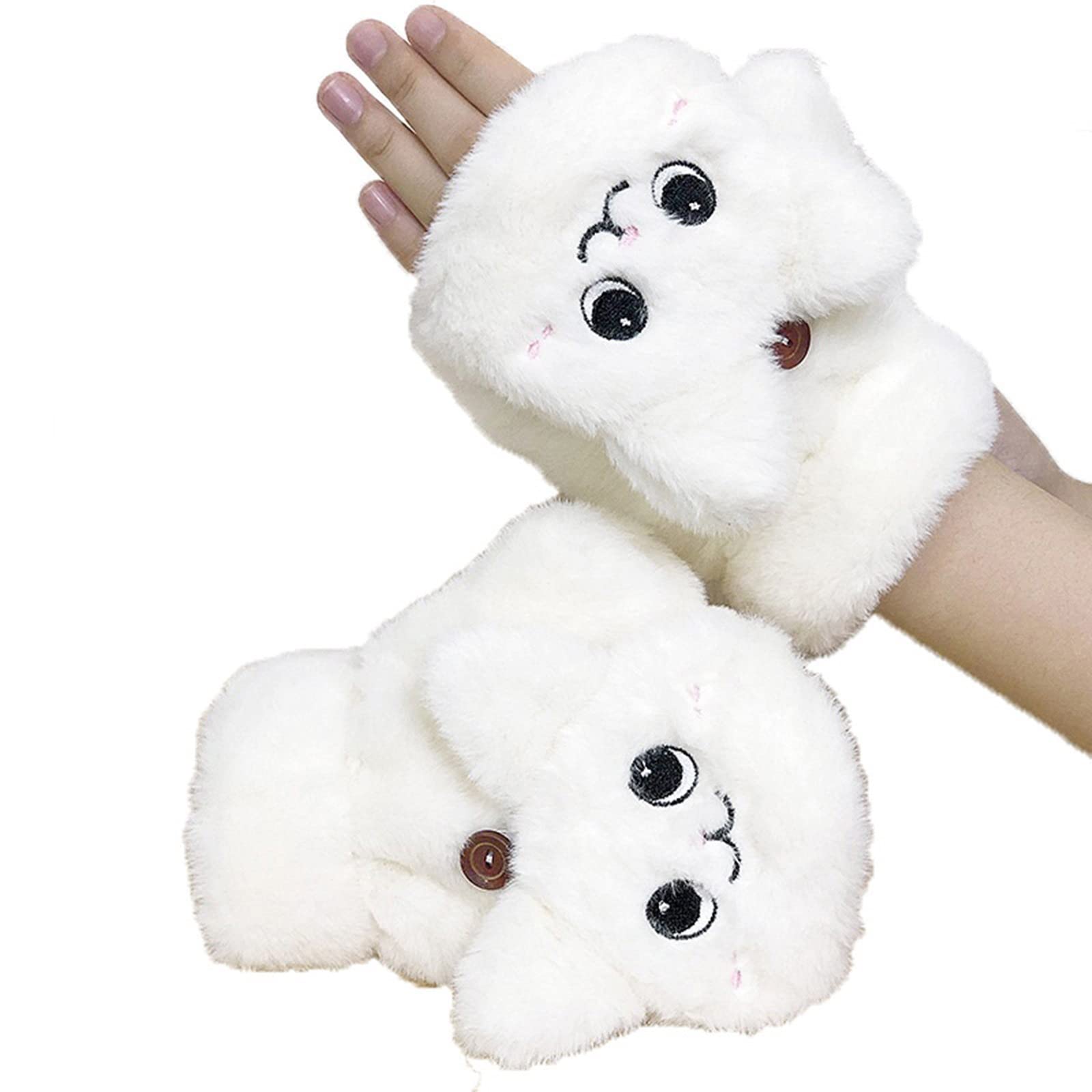 Women Winter Cute Cartoon Fur Rabbit Mittens Fingerless Gloves Plush Warm Glove Soft Thick Flexible Half Finger Gloves (Color : White, Gloves Size : One Size)