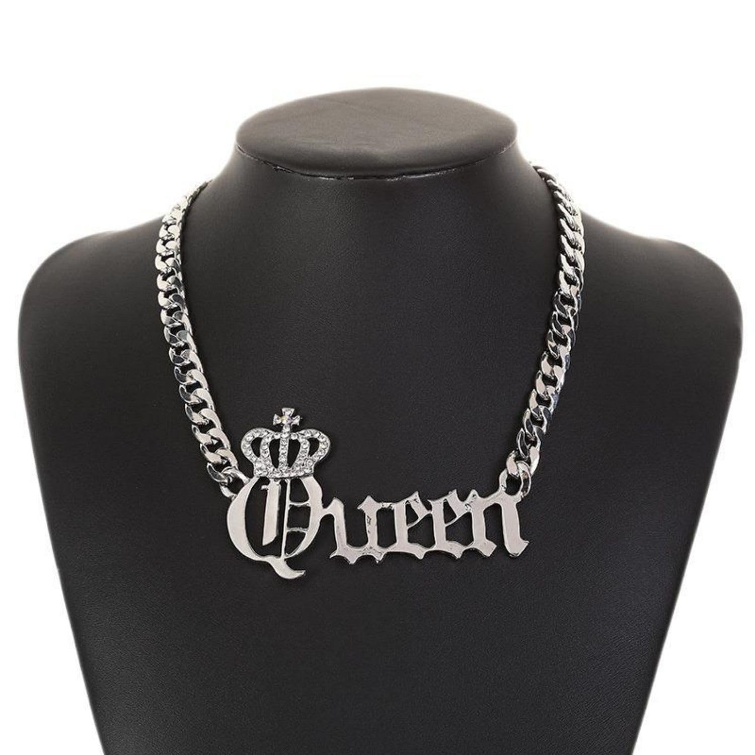 Tiberu Hip Hop Crystal Crown Queen Cuban Chain Necklace Chunky Statement Pendant Necklace Rapper Accessories 80S 90s Party Costume Jewelry (Silver)