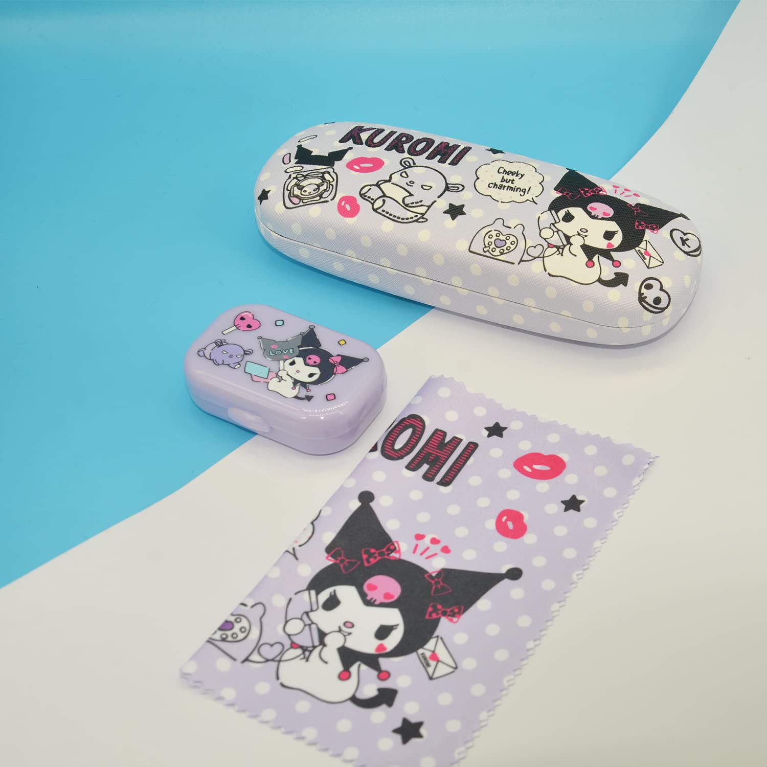 Kawaii Hard Shell Eyeglasses Case with Cleaning Cloth, Portable Kitty Cat Contact Lens Case Kit with Mirror for Women Girls, Cute Lens Holder Kit, Eyeglass Holder Box Fits Most Glasses Sunglasses Case