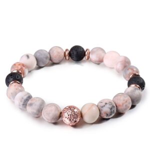 Lava Rock Pink Zebra Jasper Bracelet, Stress Relief Yoga Relaxation Bracelets, Natural Crystal Stone Healing Spiritual Bracelet,Adjustable Beaded Bracelet, Bring Good Luck Gift, Agate