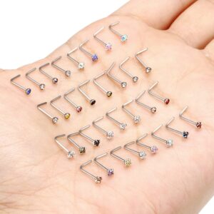 Leiainely 22g 22 g Gauge Thin Nose Rings Studs Piercings Aretes Para La Nariz for Women Men 2mm Gems L Shape Shaped Nostril Jewelry Hypoallergenic Surgical Stainless Silver Steel