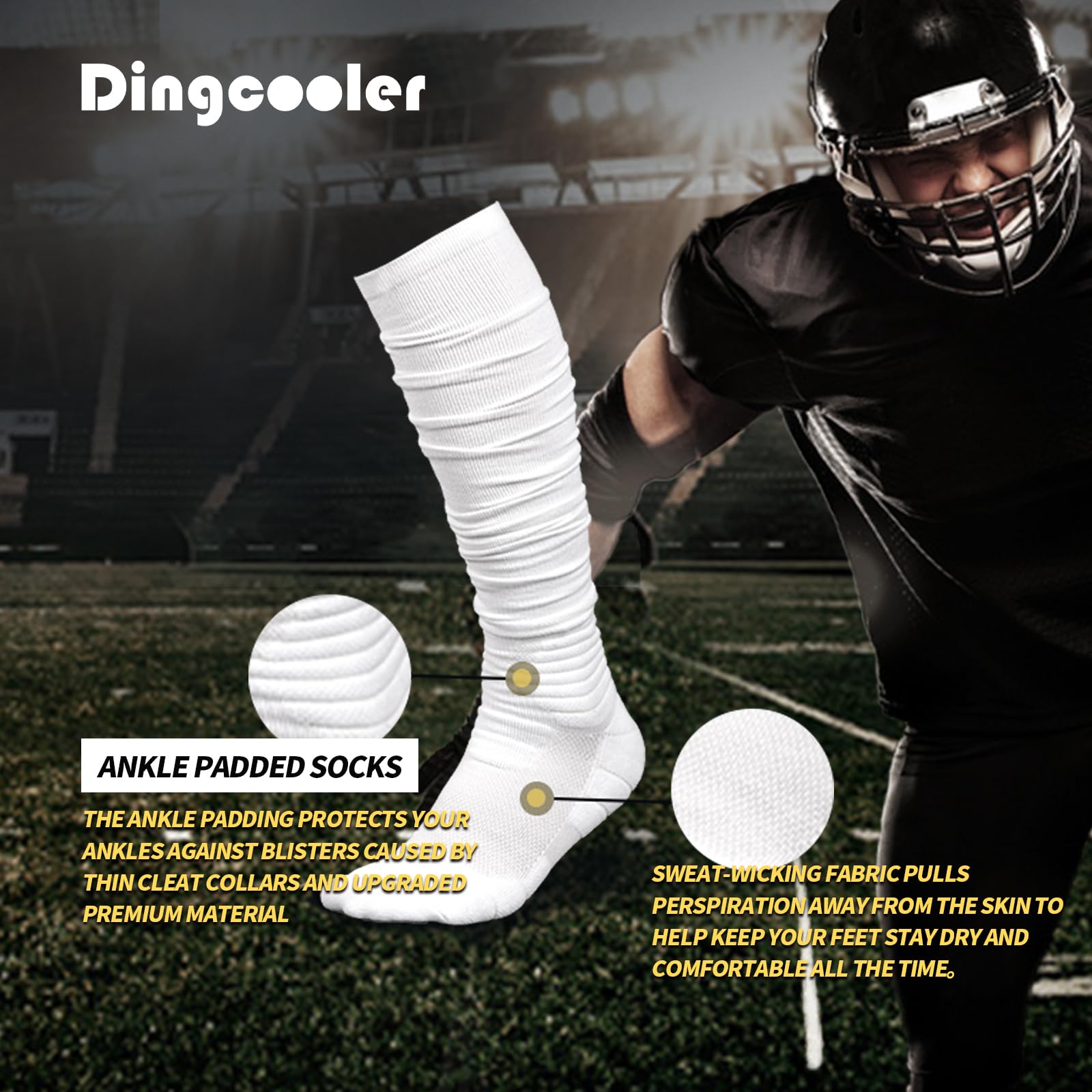 Dingcooler Scrunch Football Socks 1 Pair, Ultra Long Ankle Padded Athletic Socks for Men Women Boys Girls