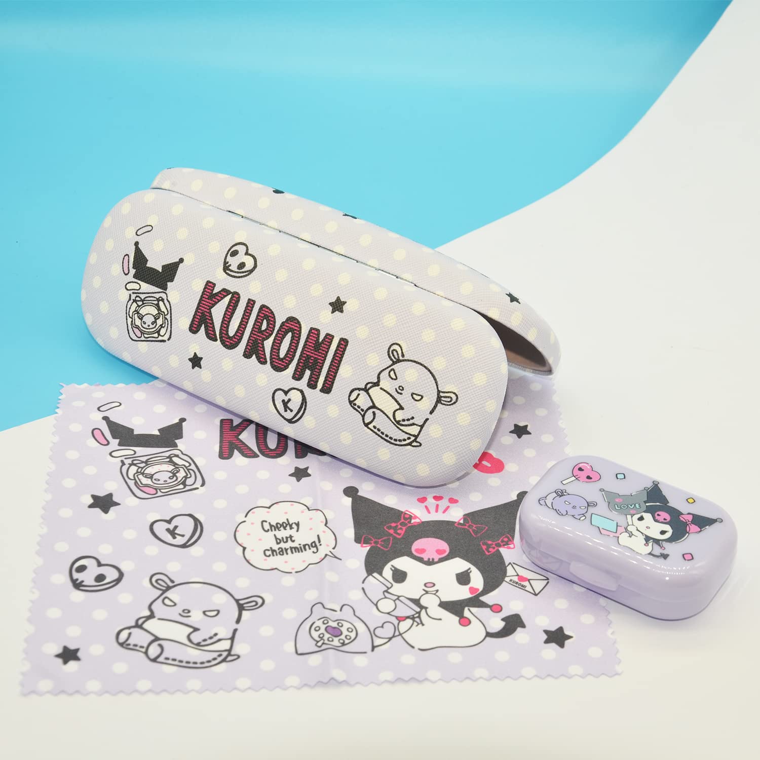 Kawaii Hard Shell Eyeglasses Case with Cleaning Cloth, Portable Kitty Cat Contact Lens Case Kit with Mirror for Women Girls, Cute Lens Holder Kit, Eyeglass Holder Box Fits Most Glasses Sunglasses Case