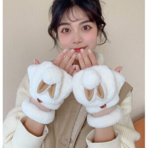 Women Girls Warm Gloves Thicken Cute Rabbit Ears Convertible Flip Top Winter Fingerless Thick Mittens for Teen Student (Color : White, Size : One Size)