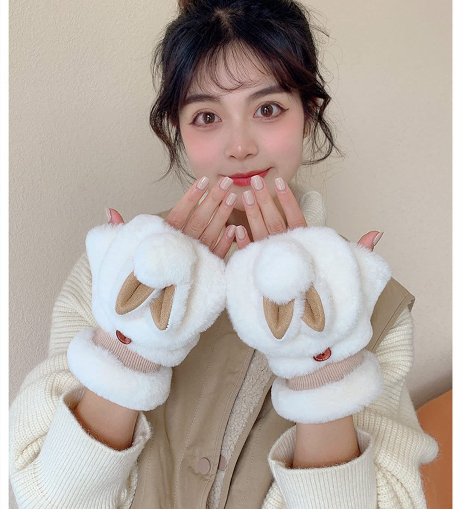 Women Girls Warm Gloves Thicken Cute Rabbit Ears Convertible Flip Top Winter Fingerless Thick Mittens for Teen Student (Color : White, Size : One Size)