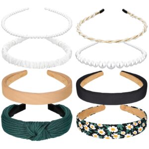 8 pcs different designs headbands for women knotted wide headbands pearl headband cute flower hair hoop non slip head accessories for women girls solid headbands set, 8 styles