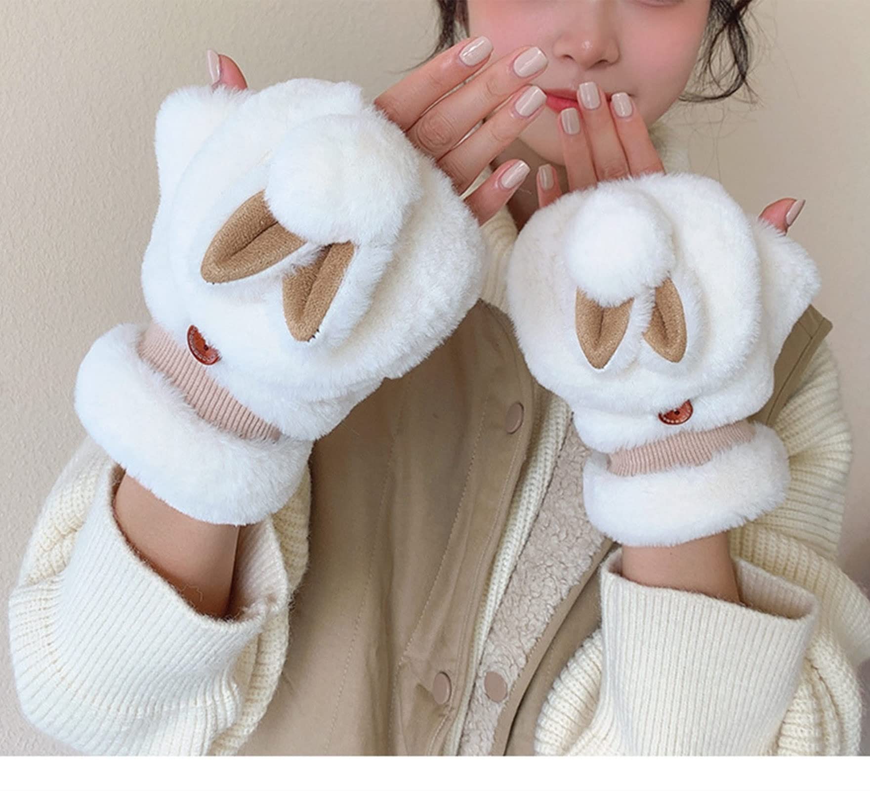 Women Girls Warm Gloves Thicken Cute Rabbit Ears Convertible Flip Top Winter Fingerless Thick Mittens for Teen Student (Color : White, Size : One Size)