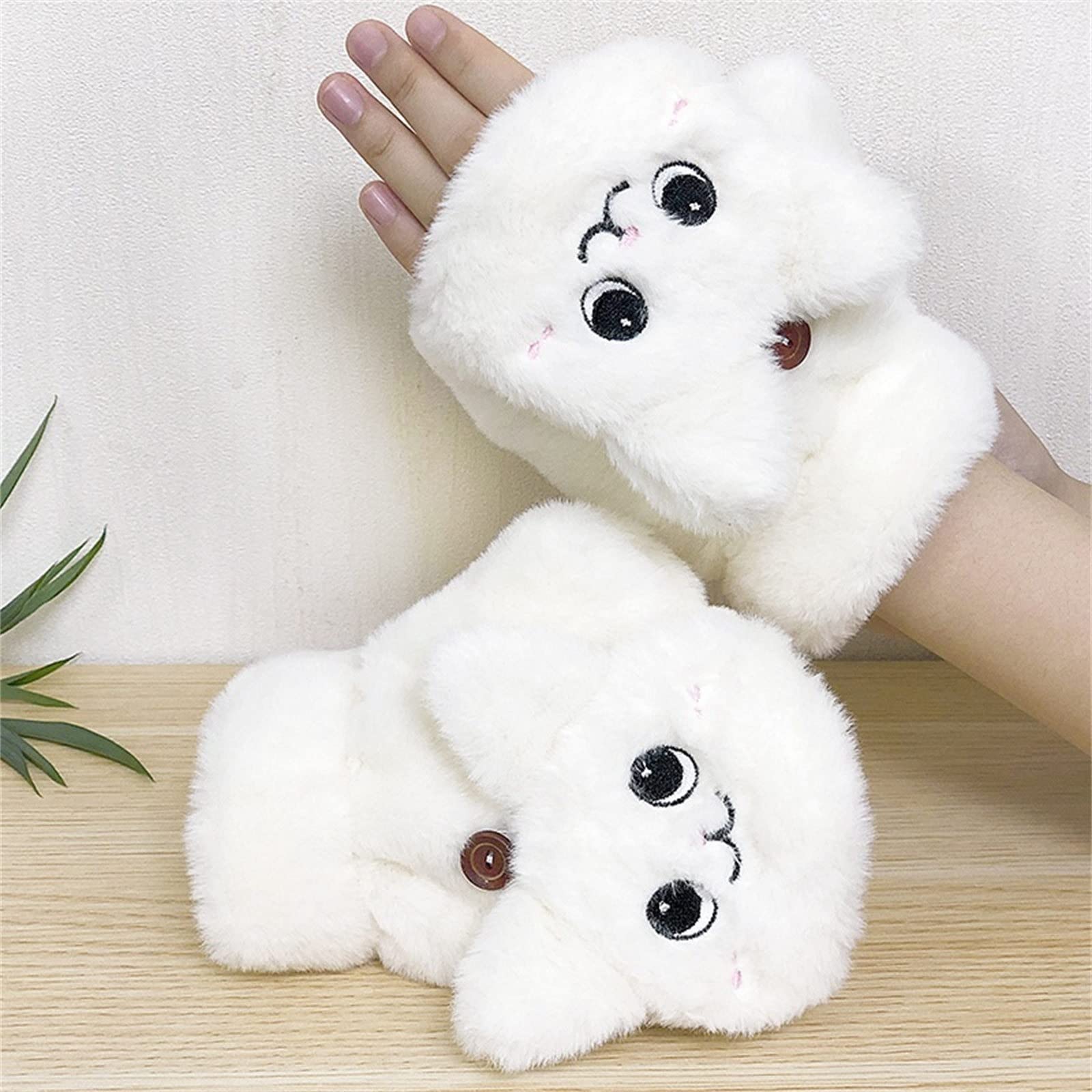 Women Winter Cute Cartoon Fur Rabbit Mittens Fingerless Gloves Plush Warm Glove Soft Thick Flexible Half Finger Gloves (Color : White, Gloves Size : One Size)