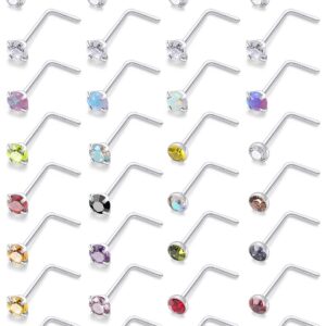 Leiainely 22g 22 g Gauge Thin Nose Rings Studs Piercings Aretes Para La Nariz for Women Men 2mm Gems L Shape Shaped Nostril Jewelry Hypoallergenic Surgical Stainless Silver Steel