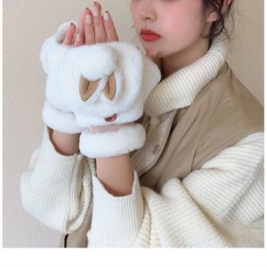 Women Girls Warm Gloves Thicken Cute Rabbit Ears Convertible Flip Top Winter Fingerless Thick Mittens for Teen Student (Color : White, Size : One Size)