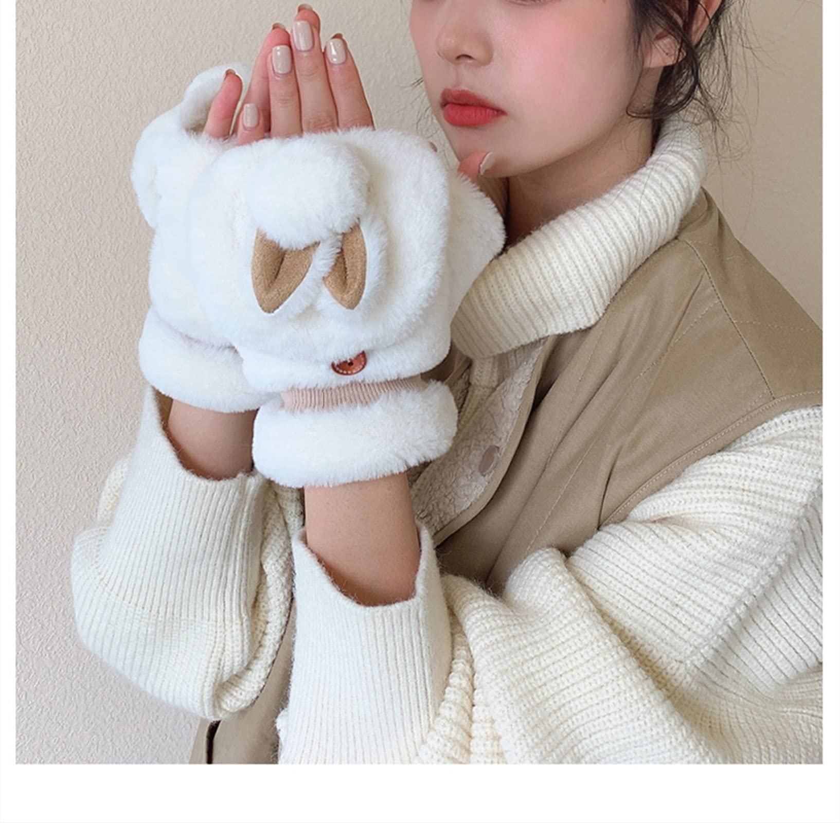 Women Girls Warm Gloves Thicken Cute Rabbit Ears Convertible Flip Top Winter Fingerless Thick Mittens for Teen Student (Color : White, Size : One Size)