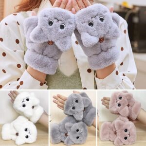 Women Winter Cute Cartoon Fur Rabbit Mittens Fingerless Gloves Plush Warm Glove Soft Thick Flexible Half Finger Gloves (Color : White, Gloves Size : One Size)