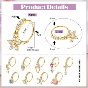 JOERICA 9 Pcs 20G Dangle Nose Rings Hoops for Women Butterfly Heart Arrow Evil Eye Moon Star CZ Dangle Nose Rings Cartilage Earring Dangling Nose Piercing Jewelry