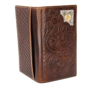 West Star Men Western Wallet Long Bifold Checkbook Style Without Cow Hair Genuine Leather 207A Longhorn Coffee