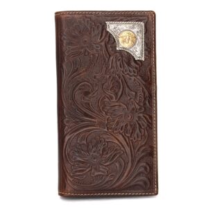 West Star Men Western Wallet Long Bifold Checkbook Style Without Cow Hair Genuine Leather 207A Longhorn Coffee