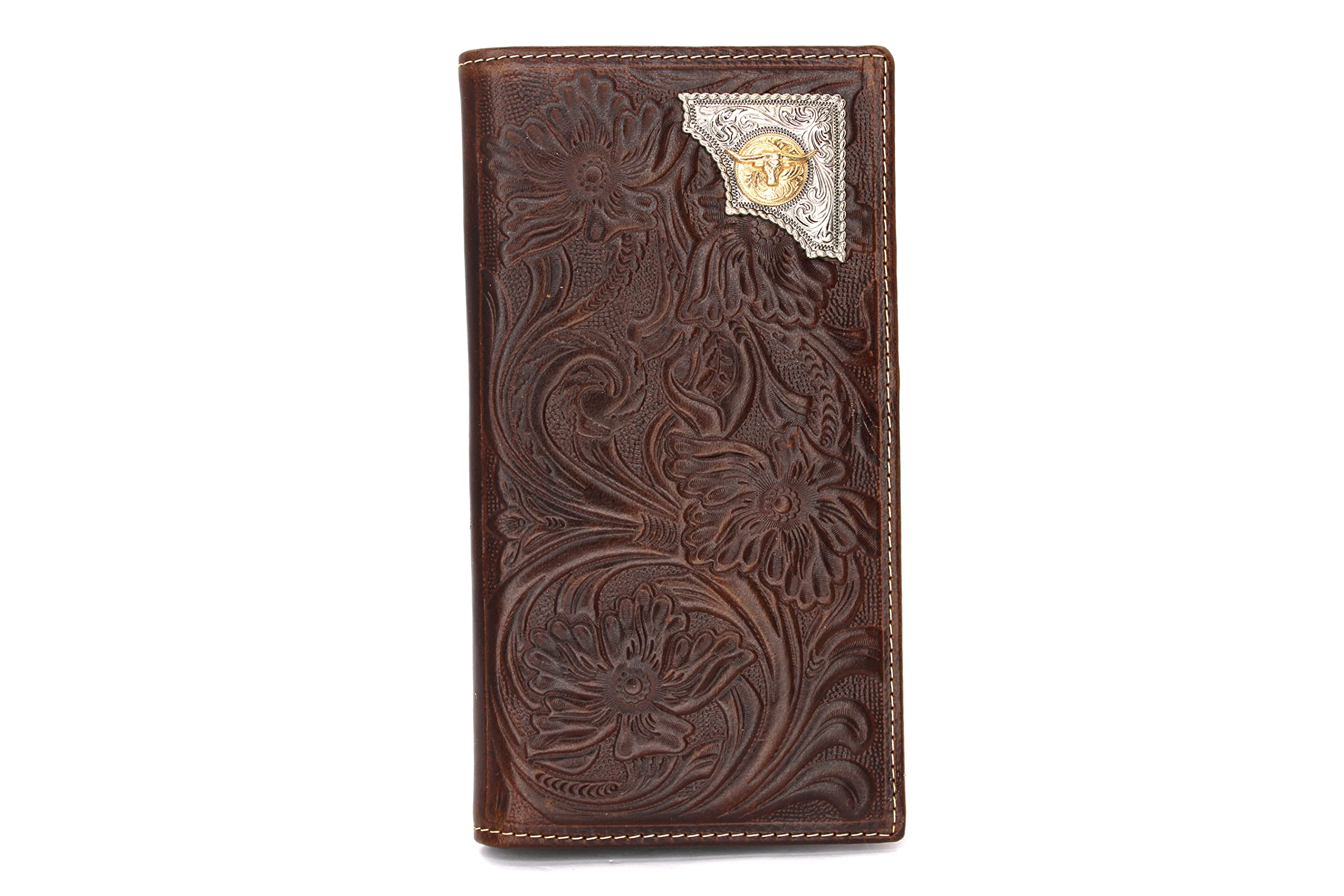 West Star Men Western Wallet Long Bifold Checkbook Style Without Cow Hair Genuine Leather 207A Longhorn Coffee