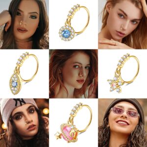 JOERICA 9 Pcs 20G Dangle Nose Rings Hoops for Women Butterfly Heart Arrow Evil Eye Moon Star CZ Dangle Nose Rings Cartilage Earring Dangling Nose Piercing Jewelry