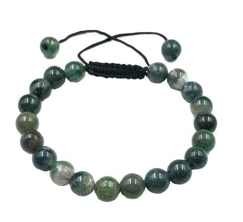 SHNAYA JEWELS AAA MOSS AGATE Natural Healing Power Gemstone Crystal Beads Unisex Adjustable Macrame Bracelets 8mm