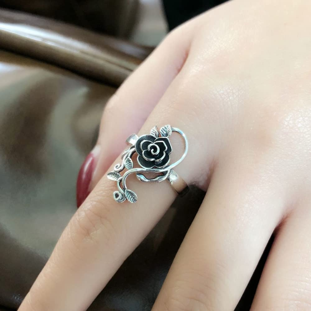 Black Rose Flower Stacking Rings for Women Men Dainty 925 Sterling Silver Plated Ring Delicate Open Adjustable Everyday Ring Charm Personalized Jewelry Vintage Elegant Statement Valentine's Day Birthday Fashion Gifts for Her