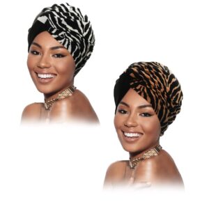 urieo 2 pieces leopard print headwrap african knot head wrap pre-tied turban bonnet for women black