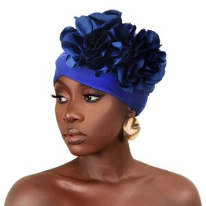 urieo flower afican turban headwrap vintage beanie head scarf elastic head warp for women (blue)