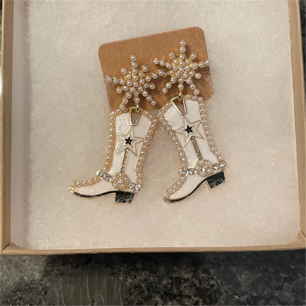 Rhinestone Cowgirl Boot Earrings Beaded Cowboy Boot Earrings Western Country Y2K Dangle Earrings Cute Dangling Earrings Jewelry for Women(White)