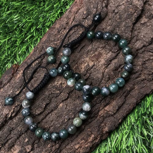 SHNAYA JEWELS AAA MOSS AGATE Natural Healing Power Gemstone Crystal Beads Unisex Adjustable Macrame Bracelets 8mm