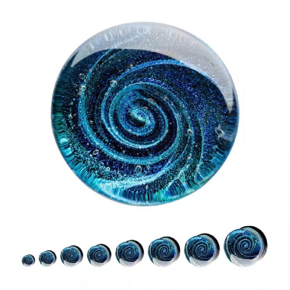 Pierced Owl Blue Galaxy Sparkle Swirl Design Glass Double Flared Plugs, Sold As Pair (11mm (7/16"))