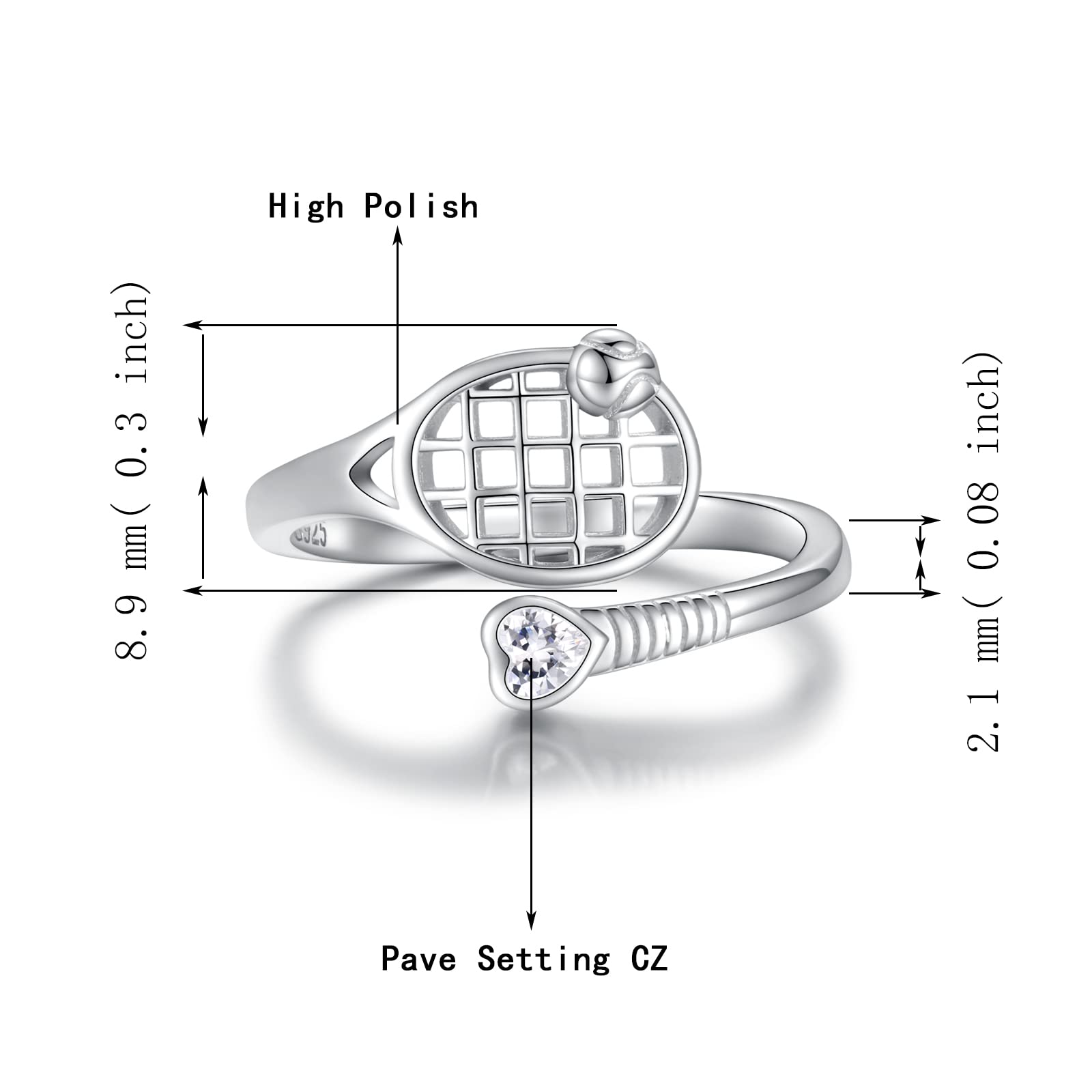 925 Sterling Silver Basketball Baseball Softball Football Tennis Racket Ring Adjustable Sports Jewelry Gifts for Women Player Mom (Tennis Racket)