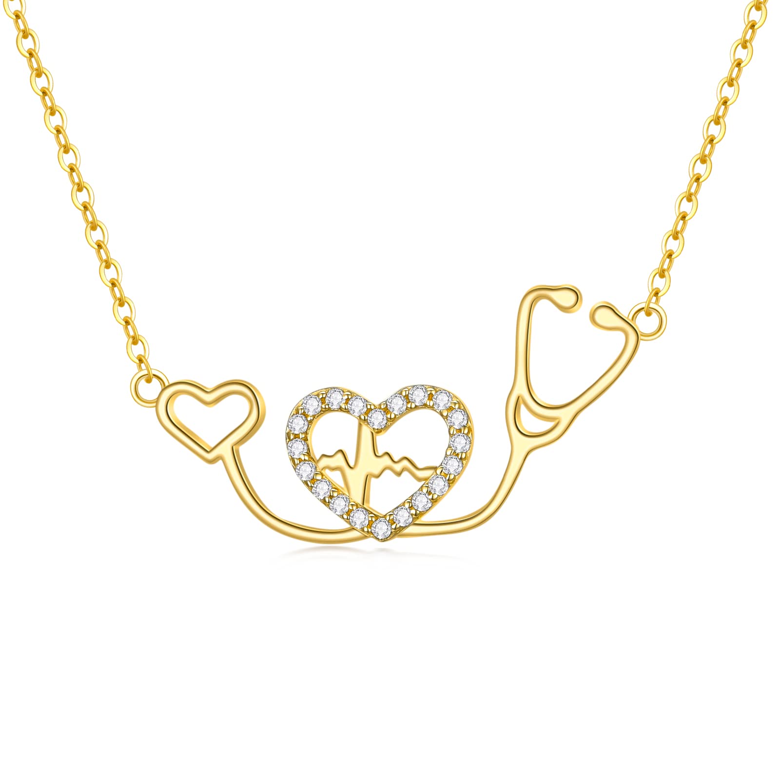 SISGEM 14K Real Gold Stethoscope Necklace for Women,Yellow Gold Created Moissanite Heart and Heartbeat Necklaces,Medical Jewelry for Doctor Nurse Medical Student RN Nurse Gifts,16''-18'' (Style-2)