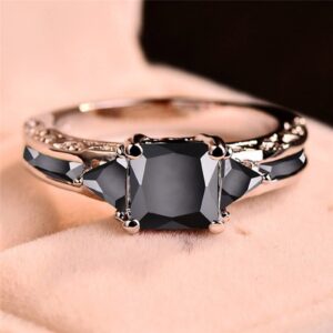 925 Sterling Silver Black Onyx and White Created Sapphire Women's Engagement Ring Black Gemstone Ring for Women Men