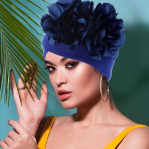 Urieo Flower Afican Turban Headwrap Vintage Beanie Head Scarf Elastic Head Warp for Women (Blue)