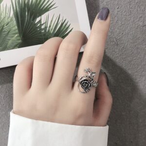 Black Rose Flower Stacking Rings for Women Men Dainty 925 Sterling Silver Plated Ring Delicate Open Adjustable Everyday Ring Charm Personalized Jewelry Vintage Elegant Statement Valentine's Day Birthday Fashion Gifts for Her