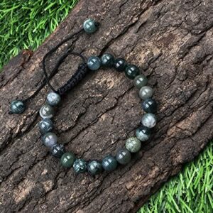 SHNAYA JEWELS AAA MOSS AGATE Natural Healing Power Gemstone Crystal Beads Unisex Adjustable Macrame Bracelets 8mm