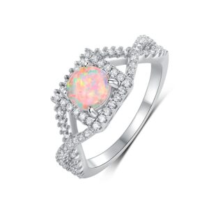 gemsme 18k white gold plated square white fire opal ring halo engagement birthstone rings for women (8)