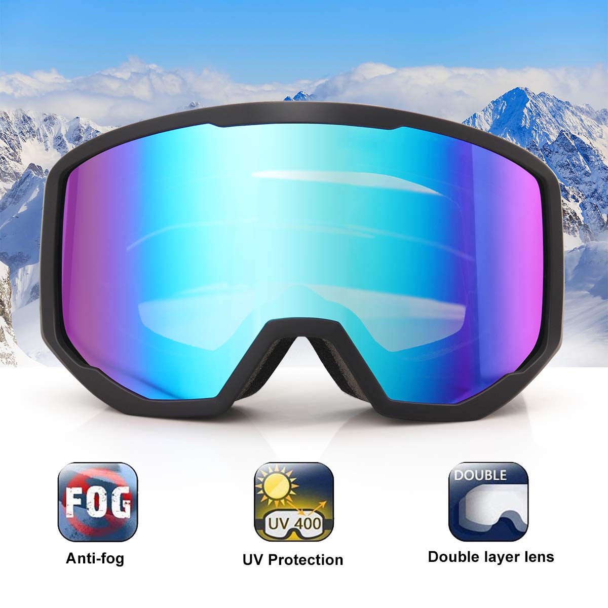 EXP VISION Ski Goggles Anti-Fog Child Snowboard Goggles with UV Protection, Over The Glasses Snow Goggles for Adult Kids (Blue Set)